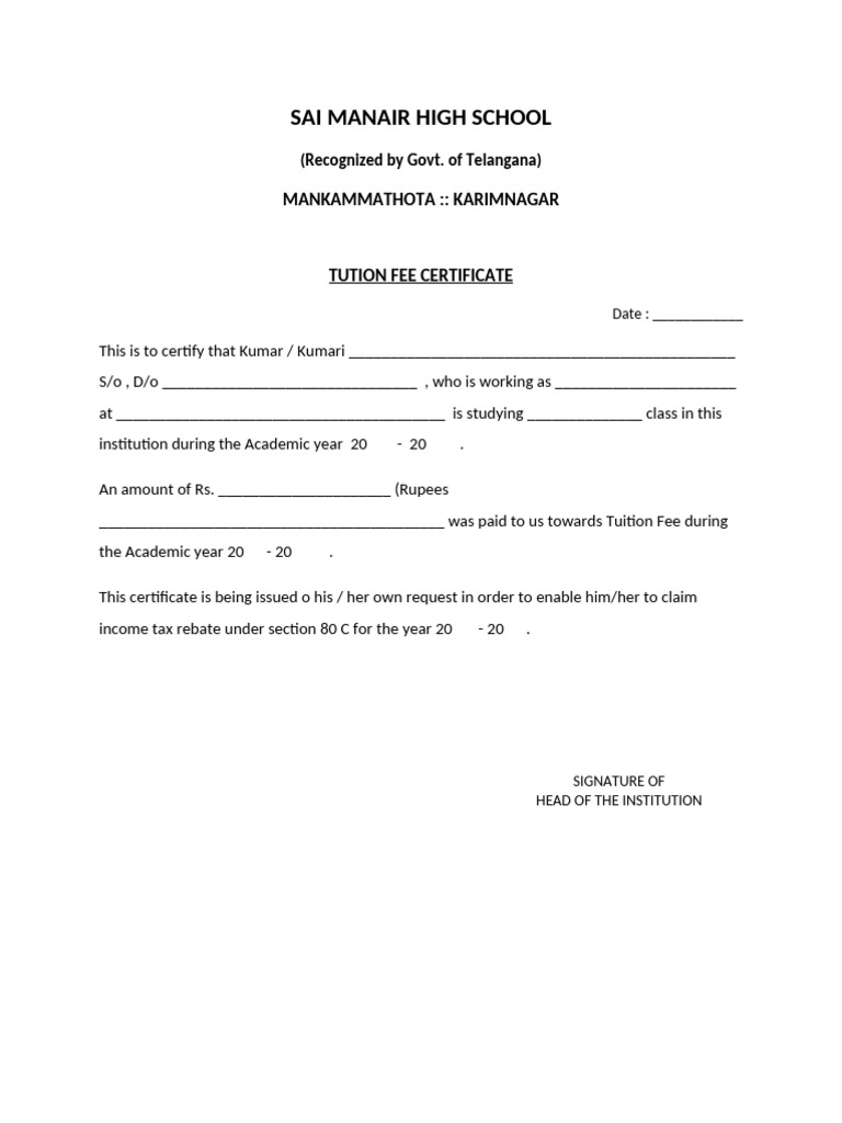 Tution Fee Certificate SMHS | PDF