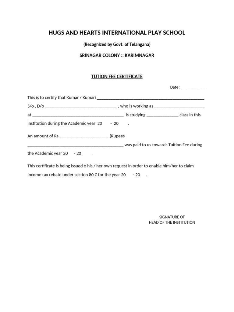 Tution Fee Certificate H&H | PDF