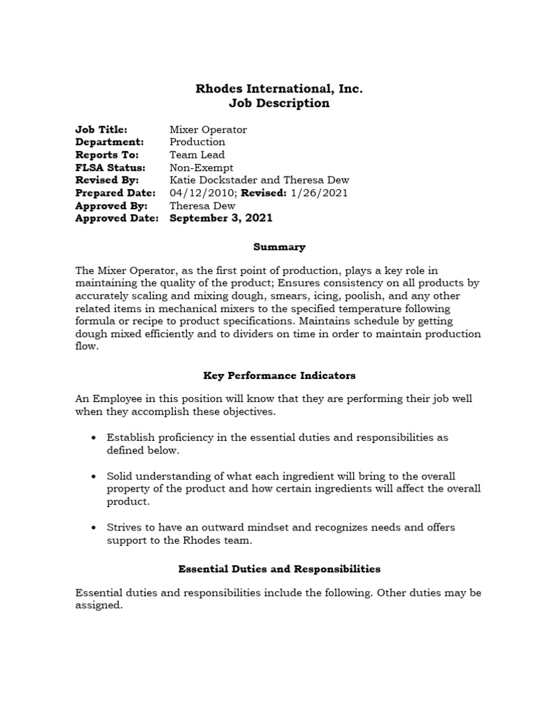 Mixer Operator Job Description | PDF | Team Building