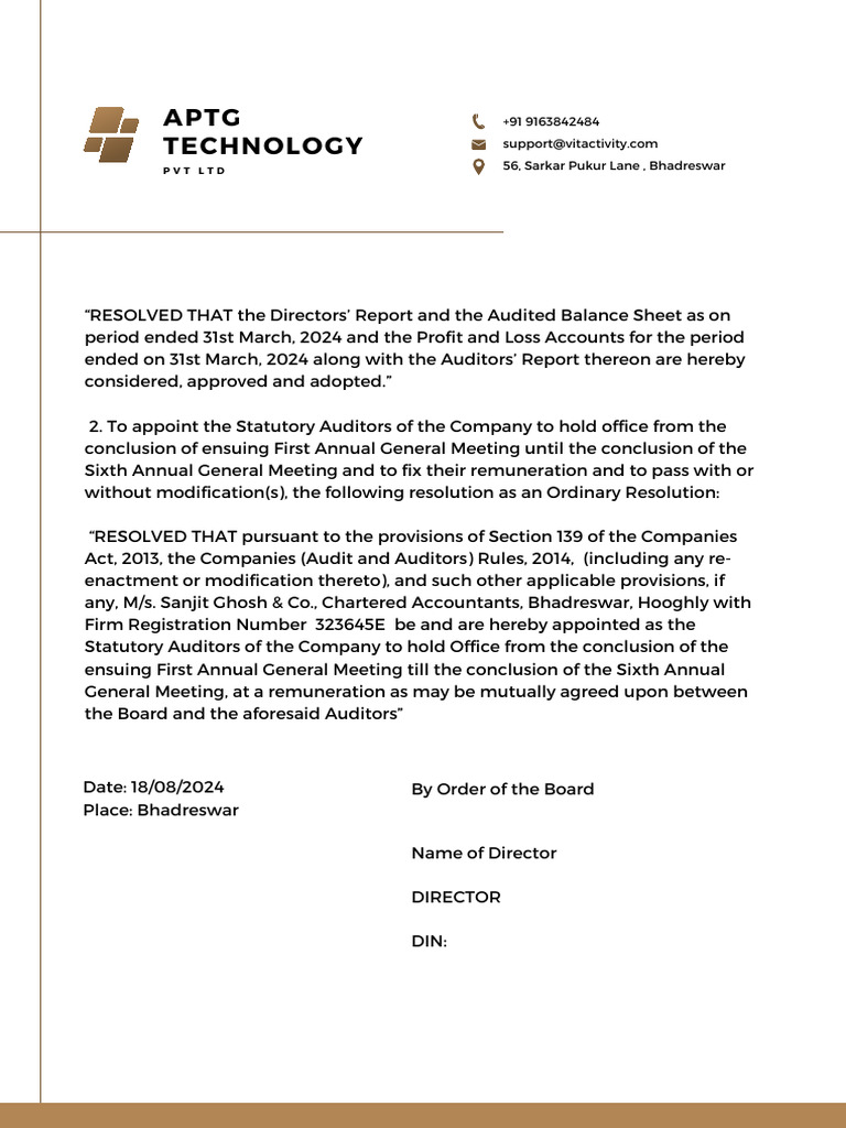 APTG Technology Pvt Ltd AGM Resolutions | PDF
