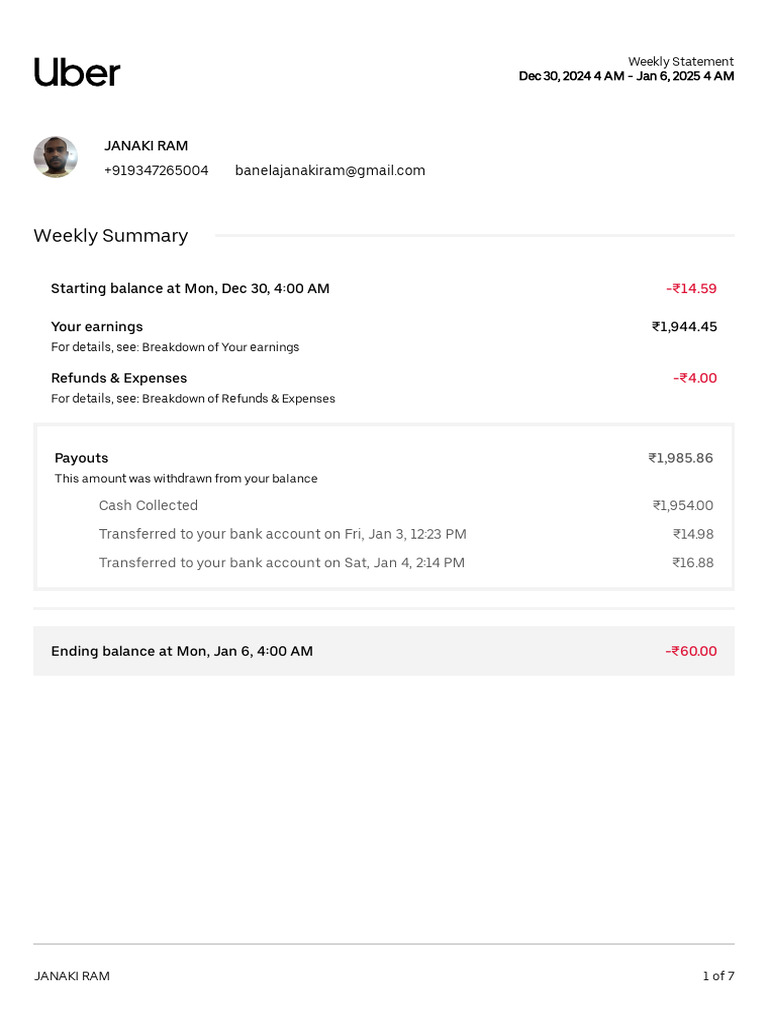 Weekly Uber Earnings Statement: Dec 30 - Jan 6 | PDF | Fee | Market ...