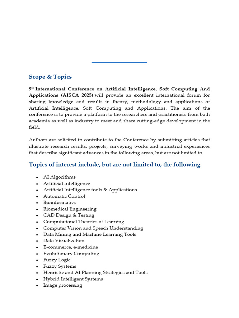 CFP - 9th International Conference On Artificial Intelligence, Soft Computing and Applications ...