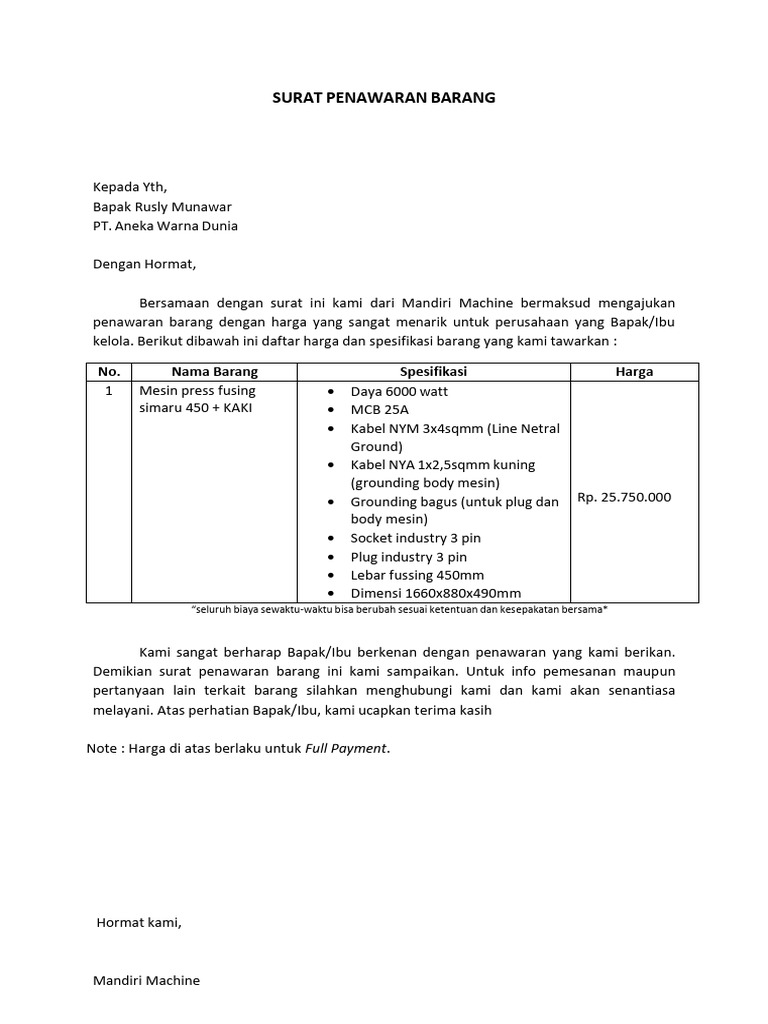 Surat Penawaran Barang Mesin Jahit Fusing Simaru | PDF