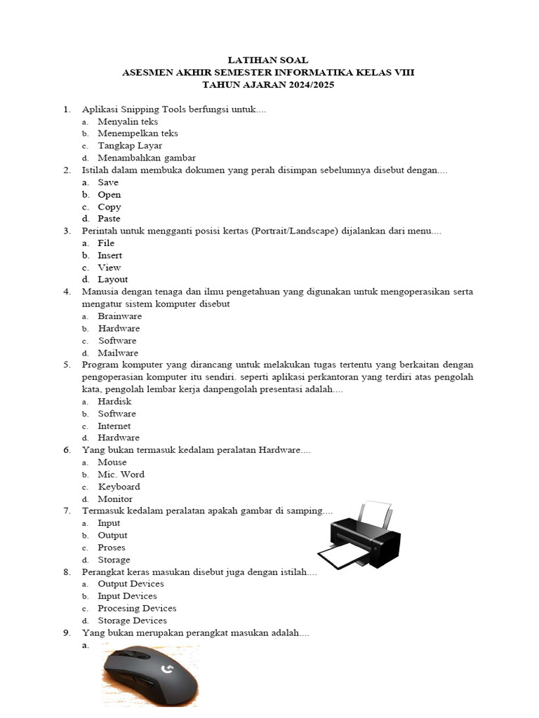 Latihan Soal Asesmen Akhir Semester Informatika Kelas Viii | PDF