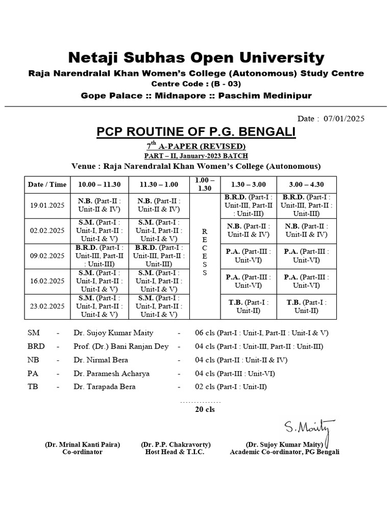 REVISED PCP Routine PG Bengali Paper 7 | PDF
