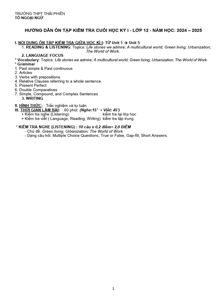 CK1 - TIẾNG ANH - LỚP 12 - HD ÔN TẬP KT CK1 - 24-25 | PDF | Job Interview | Urbanization