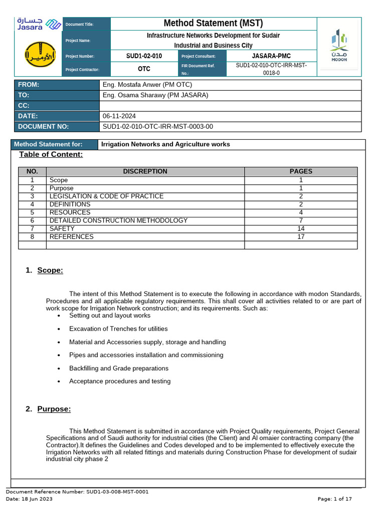 SUD-OTC-Method Statement For Irrigation and Agriculture-Last | PDF ...
