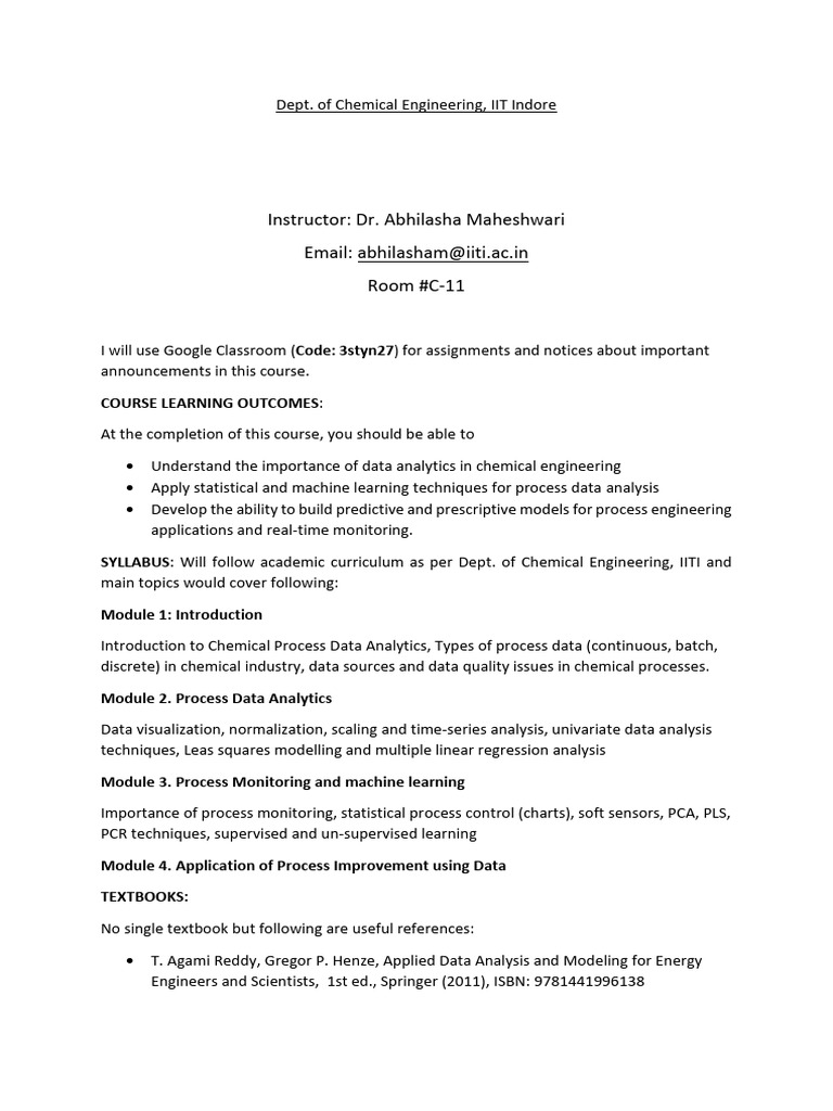 Course Outline - Che 208 | PDF | Machine Learning | Analytics