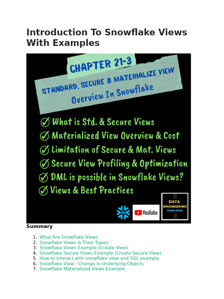 Introduction To Snowflake Views With Examples | PDF | Sql | Data Model