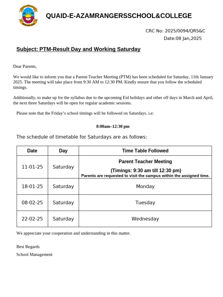 Saturdays Regular Classes Notification | PDF