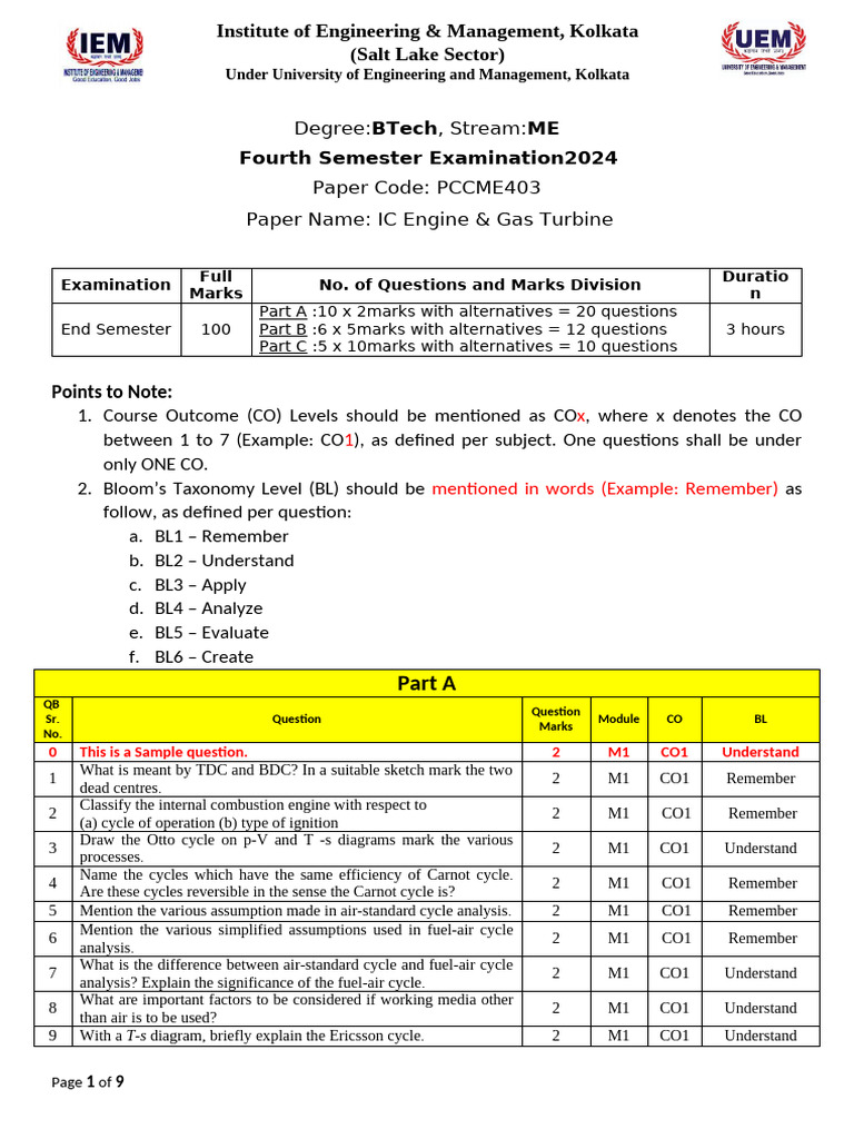 IC Engine and Gas Turbine_Question Bank Template - IEM-UEM - Salt Lake ...