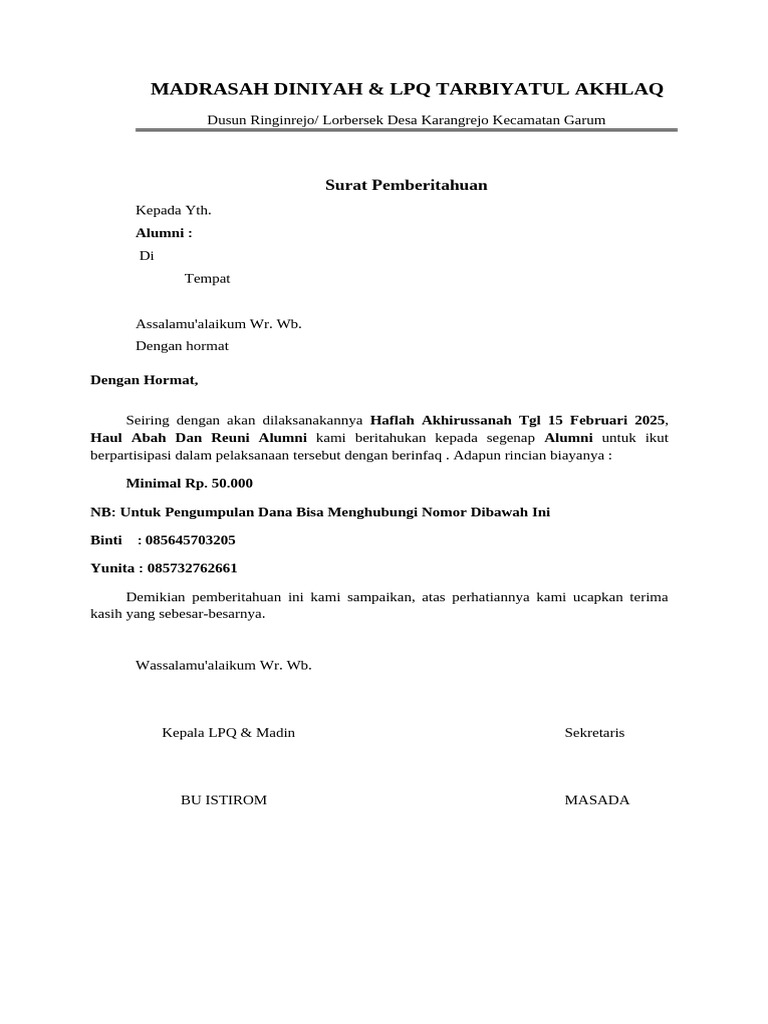 Surat Pemberitahuan Mas Slamet | PDF