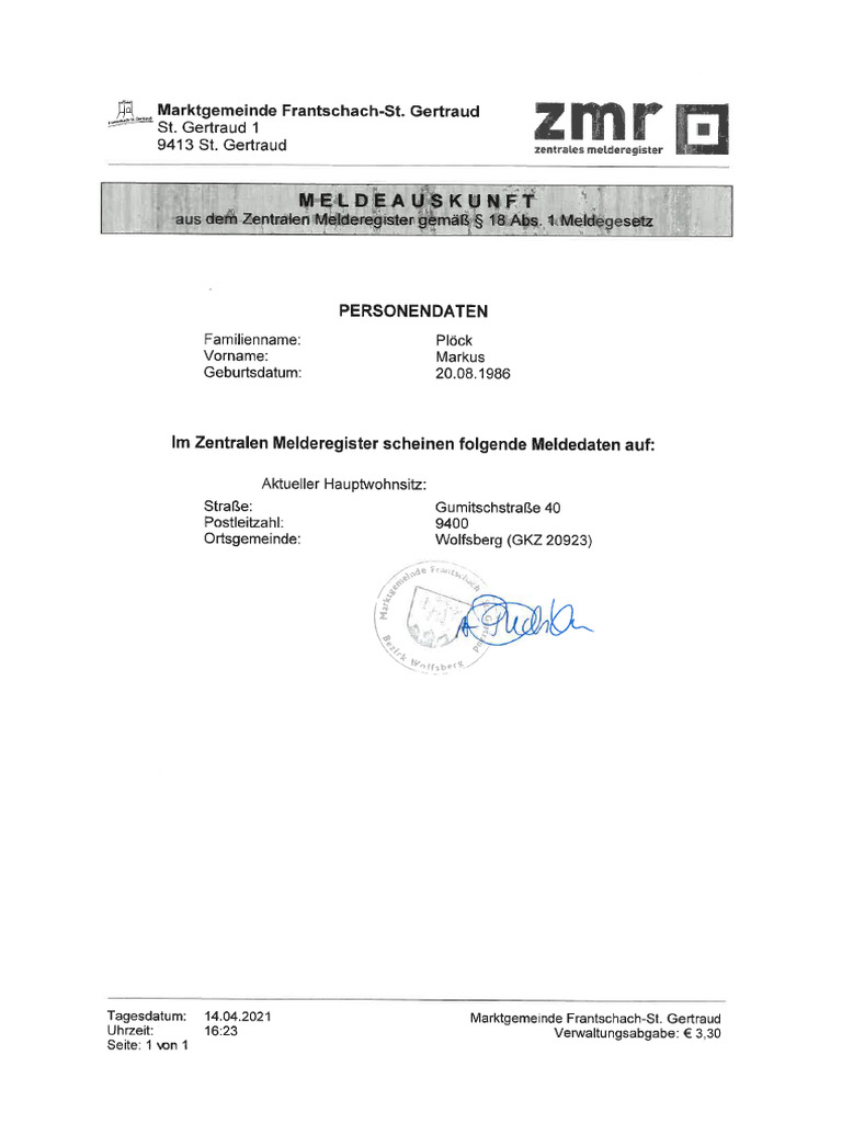 Meldezettel Wohnsitz | PDF