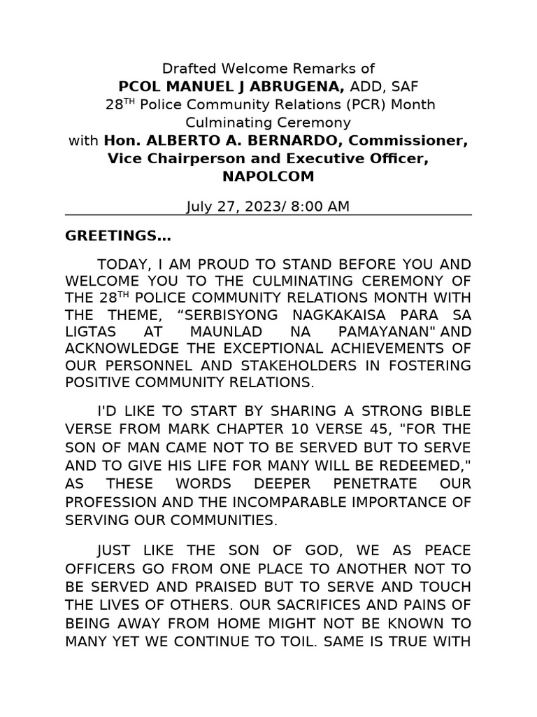 Welcome Remarks for PCR Month Ceremony | PDF