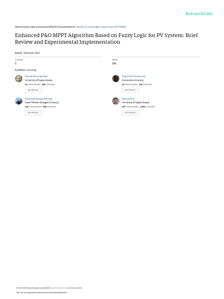 Enhanced P&O MPPT Algorithm Based On Fuzzy Logic For PV System: Brief Review and Experimental ...