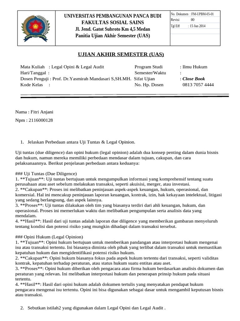 UAS Legal Opini & Legal Audit - Prof. Dr. Yasmirah Mandasari Saragih SH ...