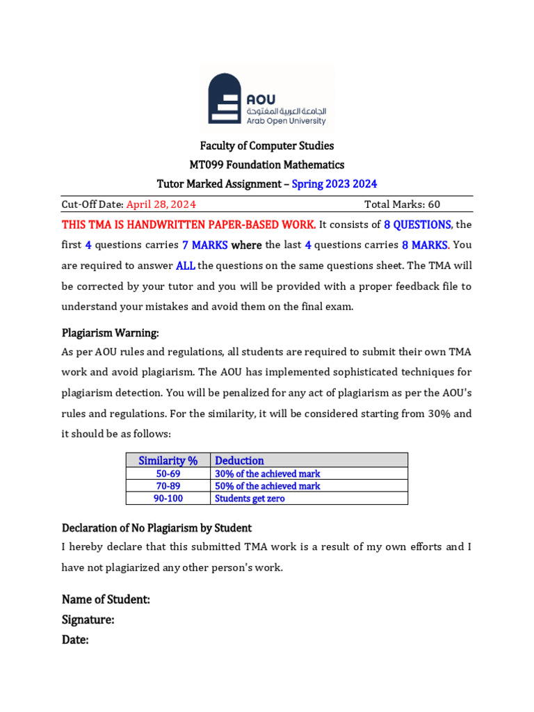 MT099 TMA Questions Sheet Spring 2023 2024 | PDF | Mathematics | Applied Mathematics