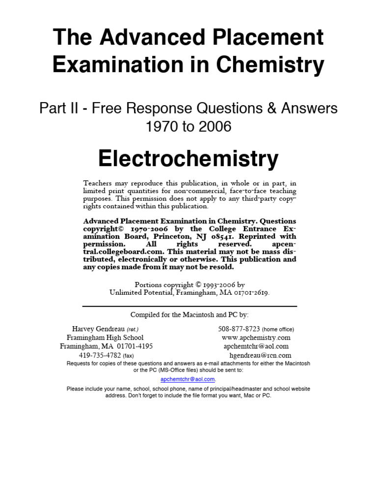 AP Chemistry Electrochemistry Q&A 1970-2006 | PDF | Electrochemistry ...
