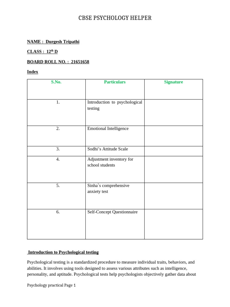 Class XII BBPS Noida Practical.-1 | PDF | Psychological Testing | Id