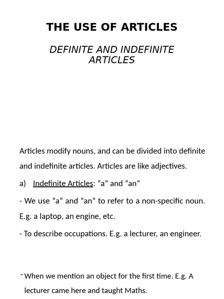 The USE of ARTICLES (Definite, Indefinite and Zero Articles) | PDF