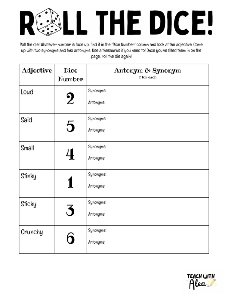 Adjective Dice Number Antonym & Synonym: 2 For Each | PDF | Grammar ...