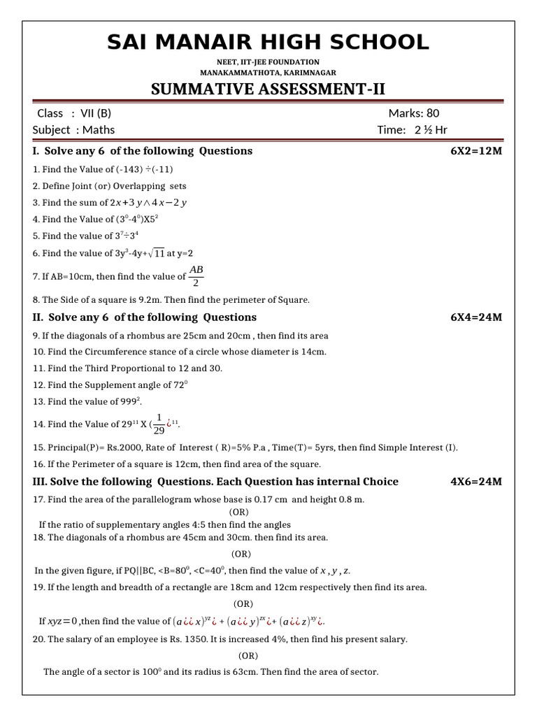 7 B Maths SA2 | PDF | Area | Elementary Mathematics