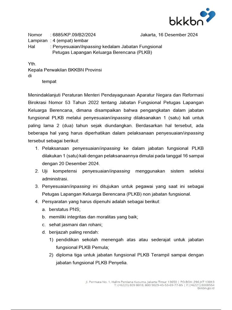 Inpassing Jabatan Fungsional PLKB 2024 | PDF