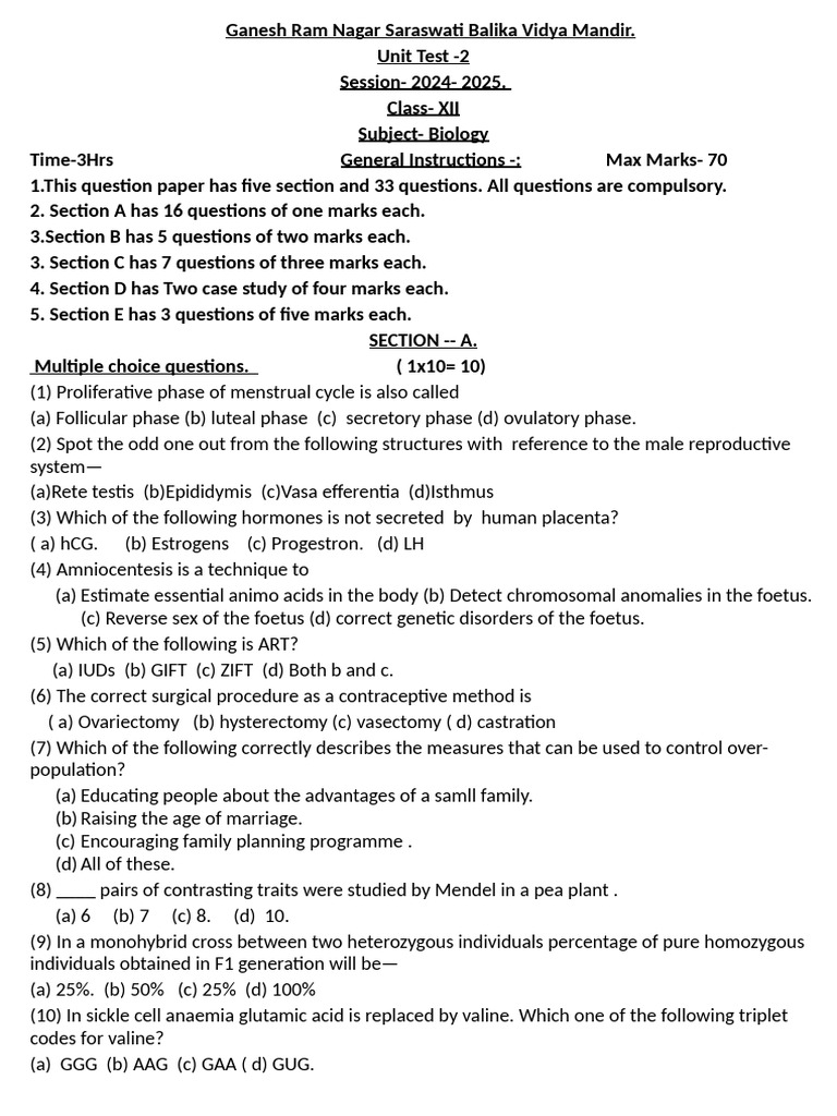 bio 12th ut 2.(70)new | PDF | Menstrual Cycle | Reproduction