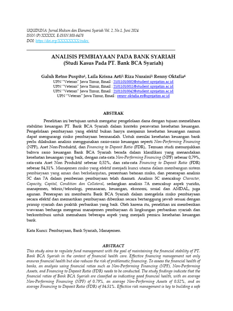 Analisis Pembiayaan Pada Bank Syariah (Studi Kasus Pada PT. Bank BCA Syariah) | PDF