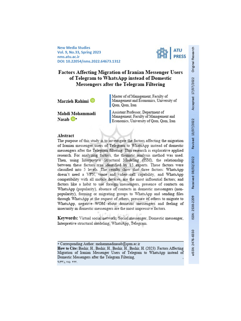 Factors Affecting Migration of Iranian Messenger Users | PDF