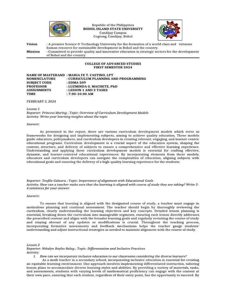 Lesson 1 and 2 Tasks. | PDF | Differentiated Instruction | Inclusion (Education)