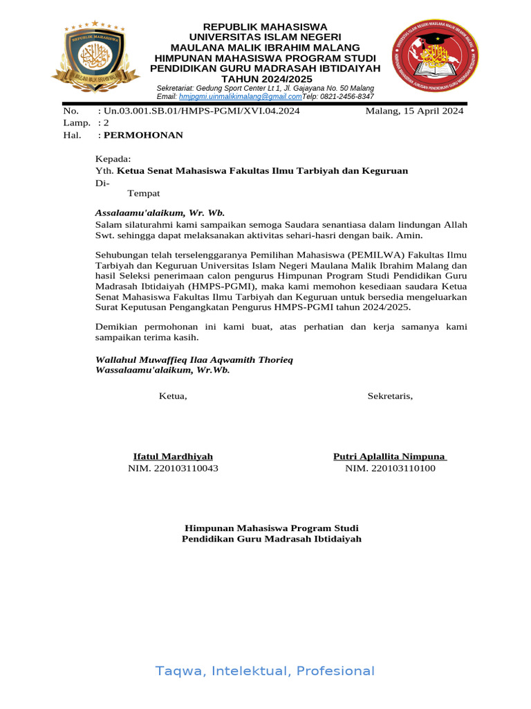 FORMAT PENGAJUAN SK KEPENGURUSAN OMIK FITK. Fix-Ttd | PDF