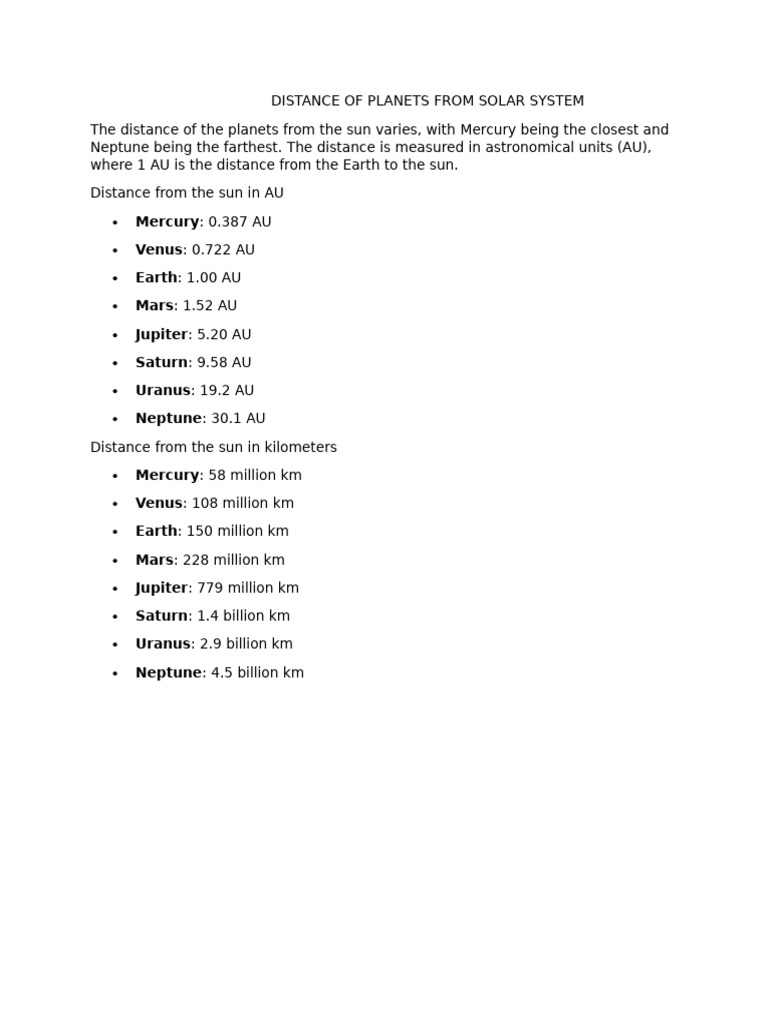 DISTANCE OF PLANETS FROM SOLAR SYSTEM | PDF