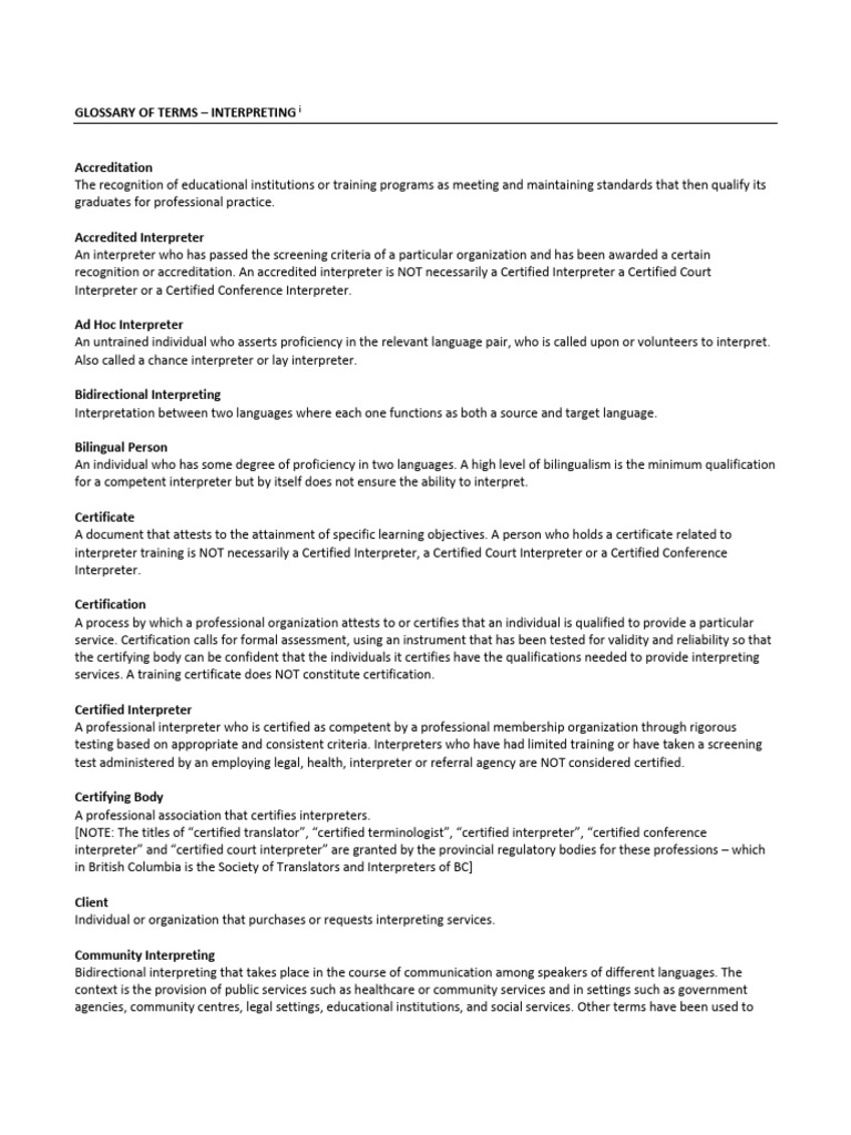 GLOSSARY-OF-TERMS-–INTERPRETING | PDF | Language Interpretation | Sign Language