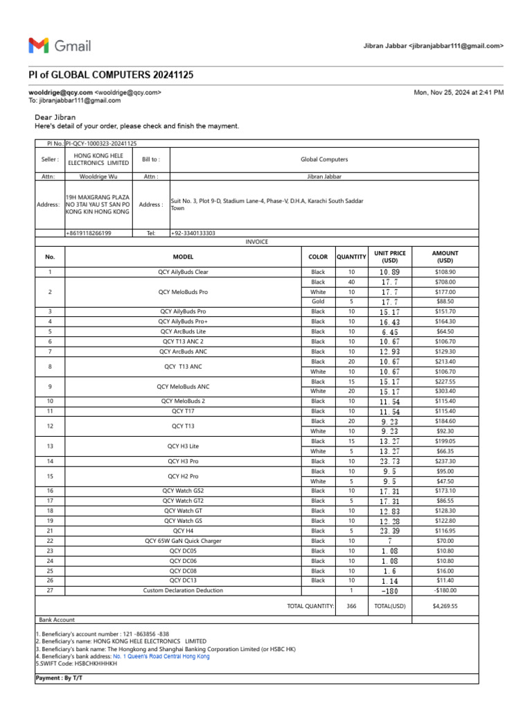 Gmail - PI of GLOBAL COMPUTERS 20241125 | PDF | Banking | Payments