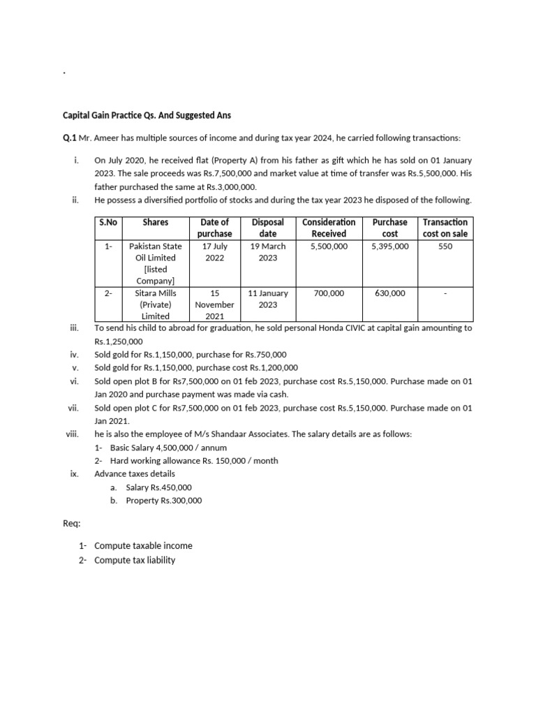 Capital Gain Practice Qs | PDF | Capital Gain | Taxes
