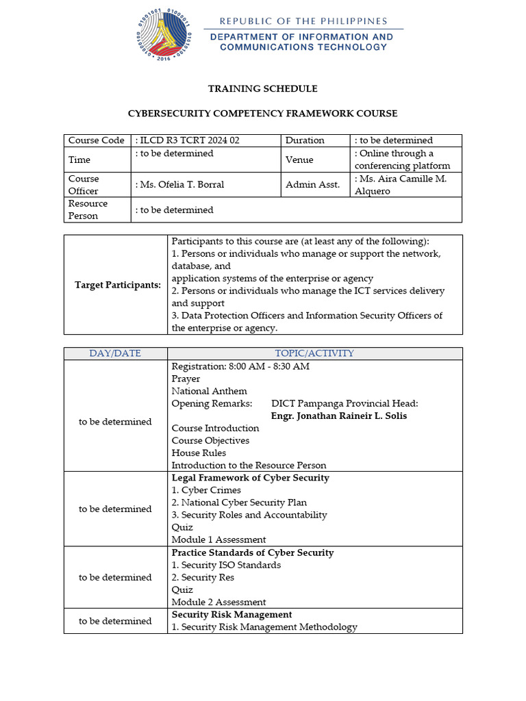 Training-Schedule Cybersecurity Competency Framework | PDF | Computer ...