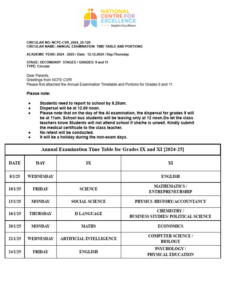 Circular-Timetable and Portions-Grades 9 and 11-ANNUAL EXAMINATION 2024-25 | PDF | Curriculum ...