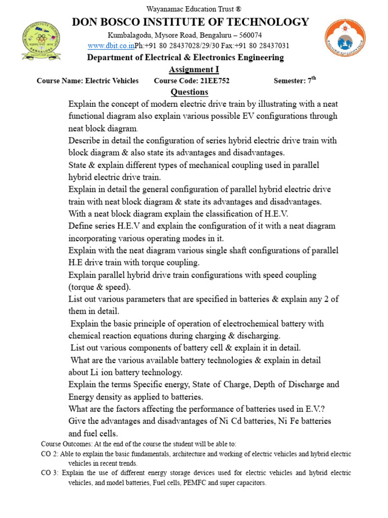 ELECTRIC VEHICLE TECHNOLOGY-Assignment-1 | PDF | Electric Vehicle | Hybrid Vehicle