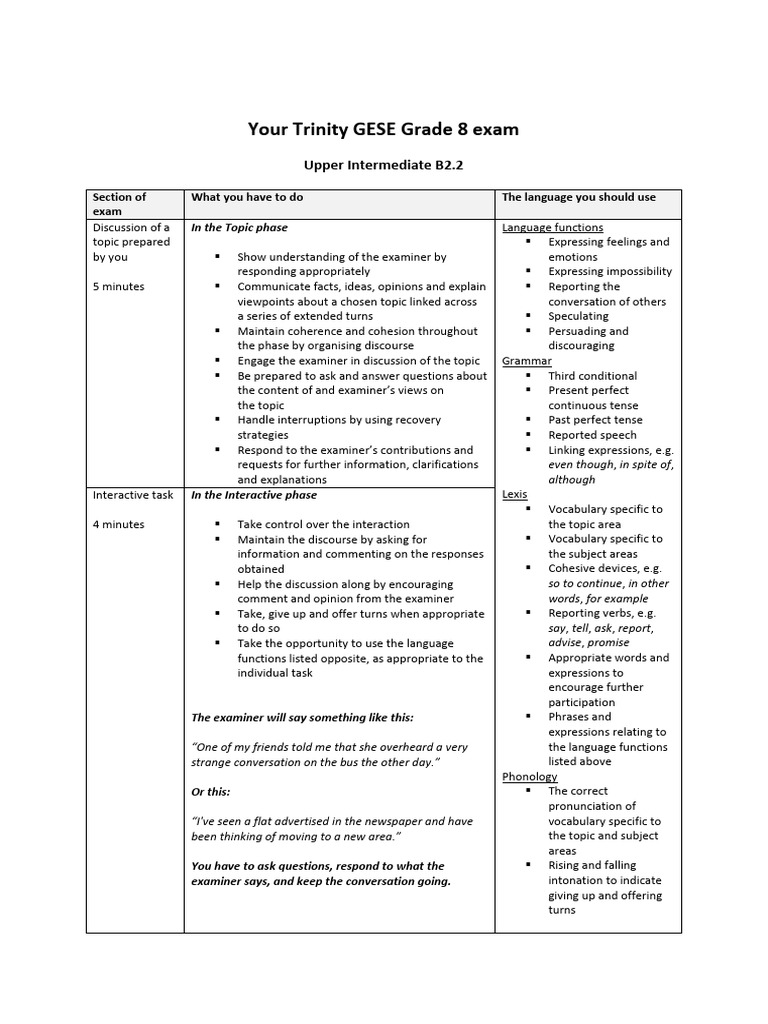 GESE GRADE 8 EXAM STRUCTURE | PDF | Human Communication | Grammar