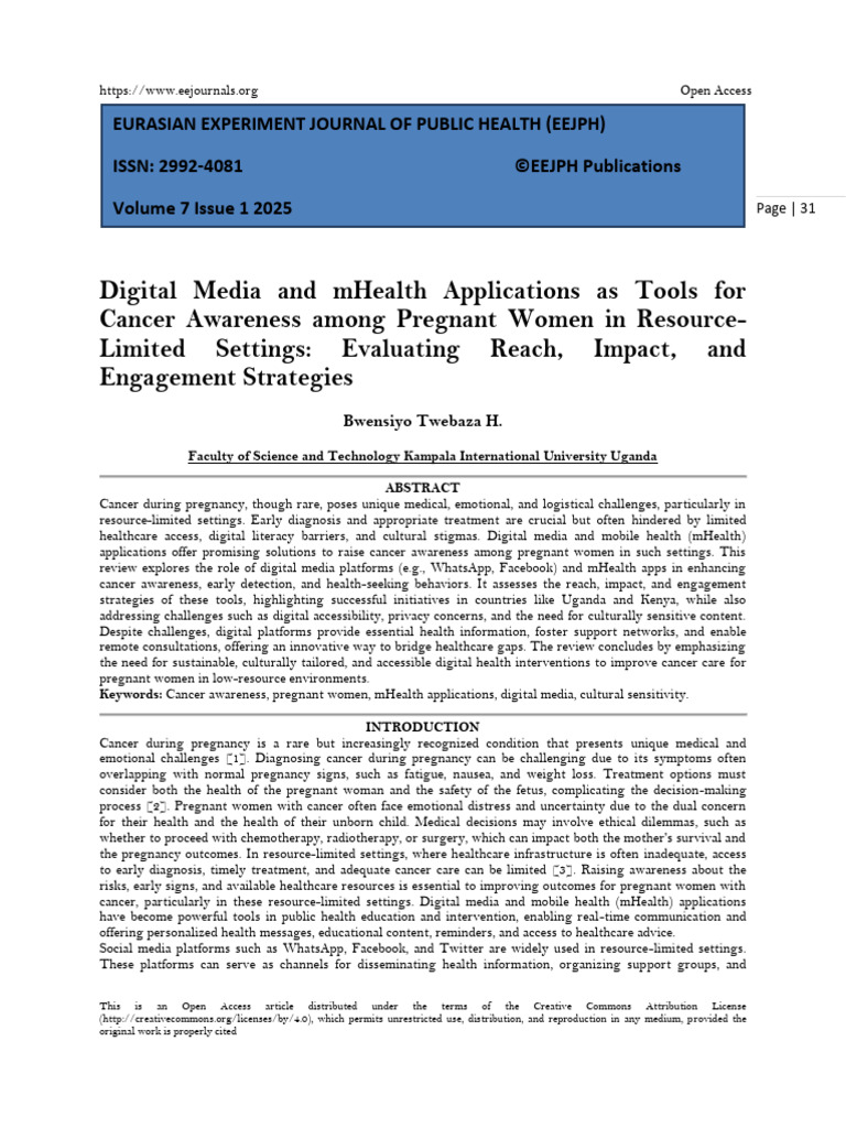 Digital Media and mHealth Applications as Tools for Cancer Awareness among Pregnant Women in ...