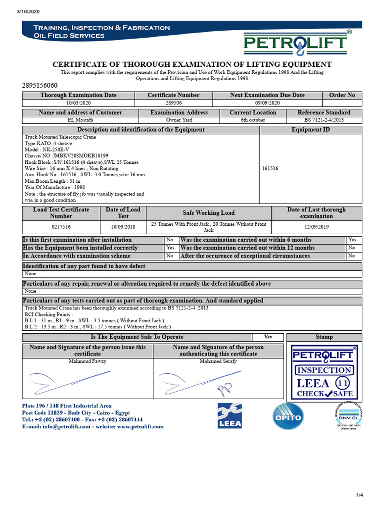 Lifting Equipment Examination Certificate | PDF | Crane (Machine) | Truck