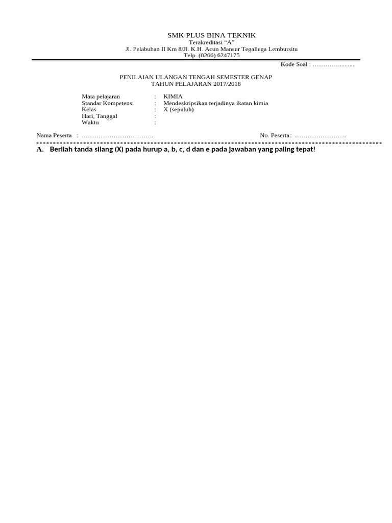 Soal UTS Kimia TM X Genap 2018 | PDF