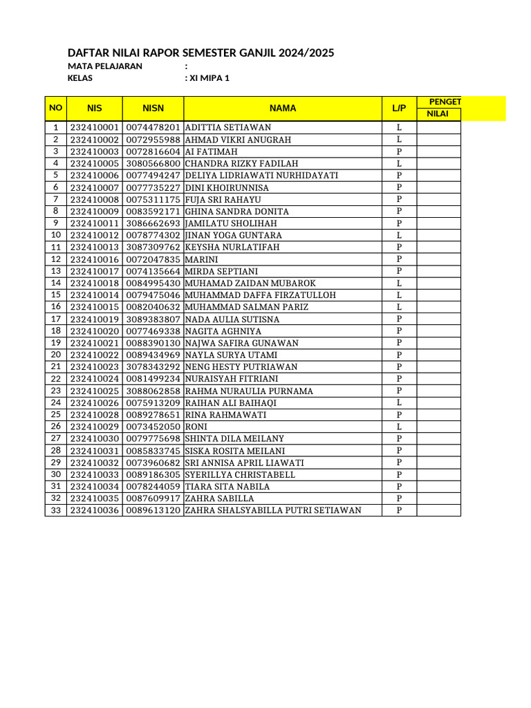 Format Nilai Rapor Pjok Xi 2425 s1 | PDF