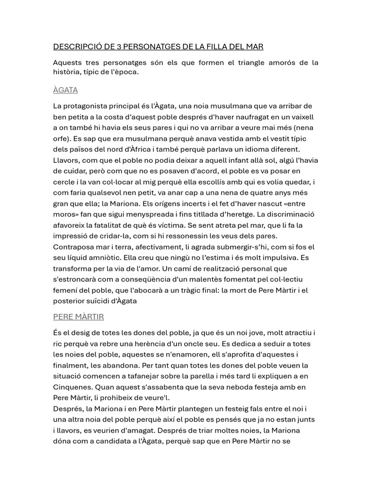 Descripció de 3 Personatges de La Filla Del Mar | PDF