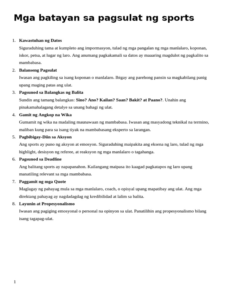 Batayan Sa Pagsulat NG Balitang Isports (Eng) | PDF