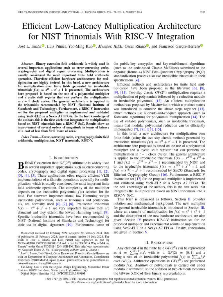 Efficient Low Latency Multiplication Architecture For Nist Trinomials With Risc V Integration