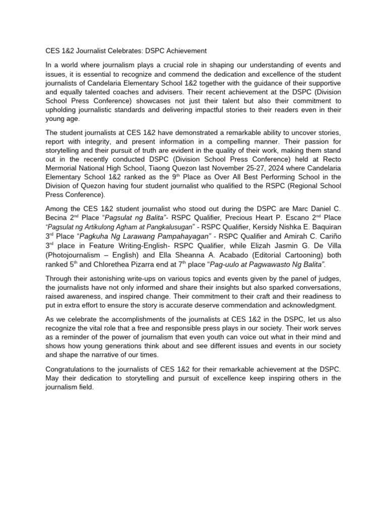 CES 1and2 Journalist Celebrates DSPC Achievement-AI Check | PDF | Human ...