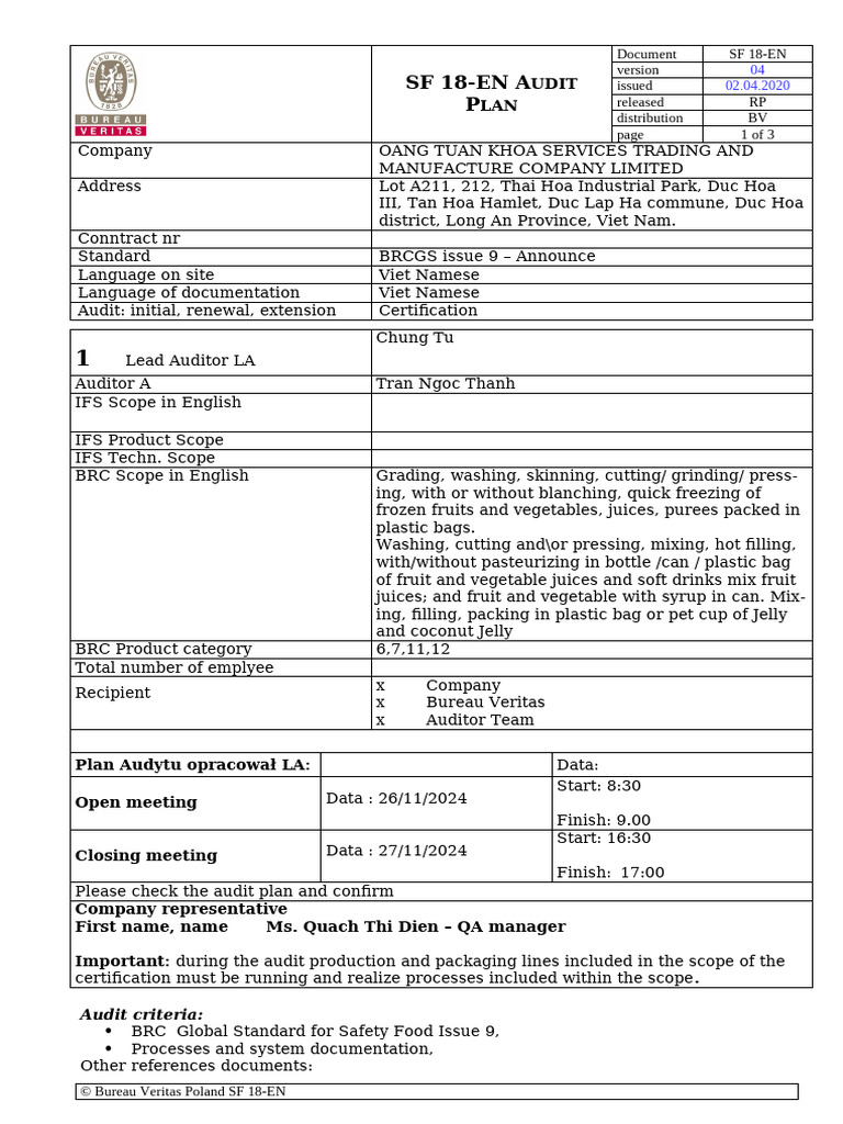 Hoang Tuan Khoa - Audit Plan - BRC - 2024 | PDF