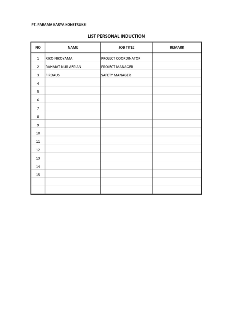 List Induction Pt. Parama Karya Konstruksi | PDF